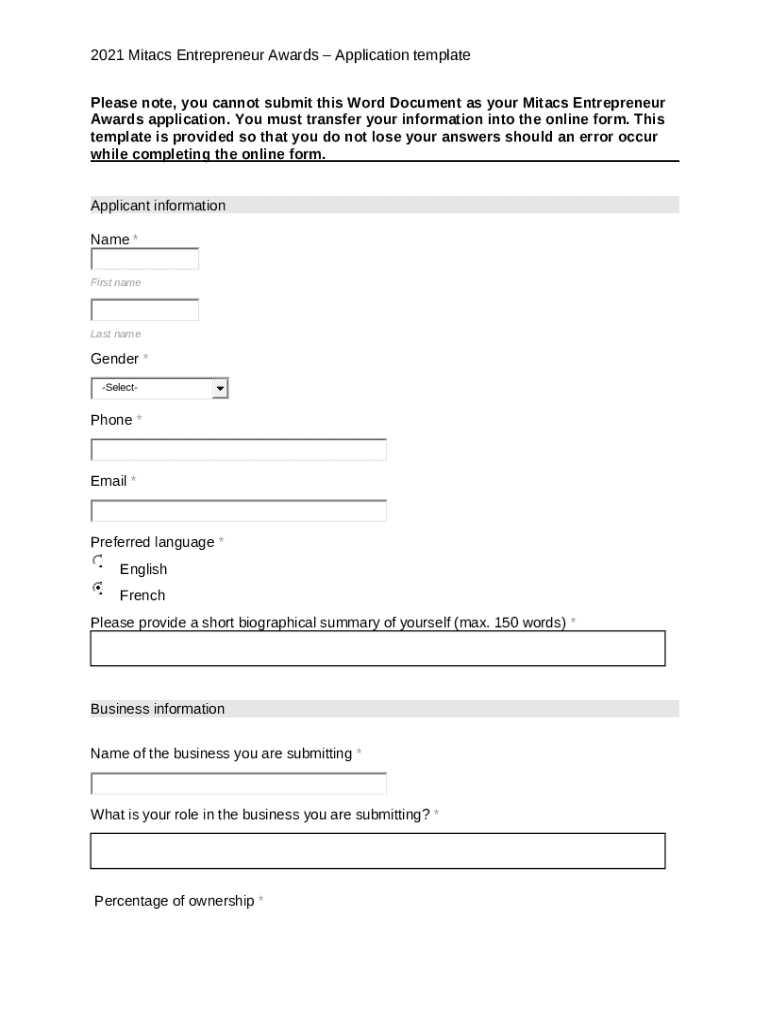 Mitacs Entrepreneur Awards Application Doc Template | pdfFiller