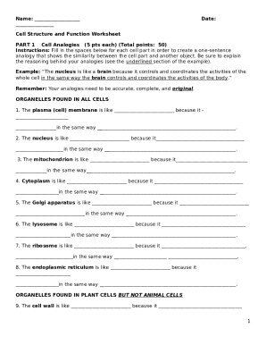Cell Analogies Worksheet Doc Template | pdfFiller