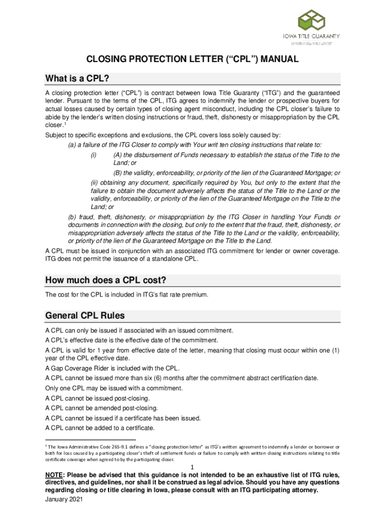 Fillable Online CLOSING PROTECTION LETTER (CPL) MANUAL What is a CPL ... Fax Email Print - pdfFiller
