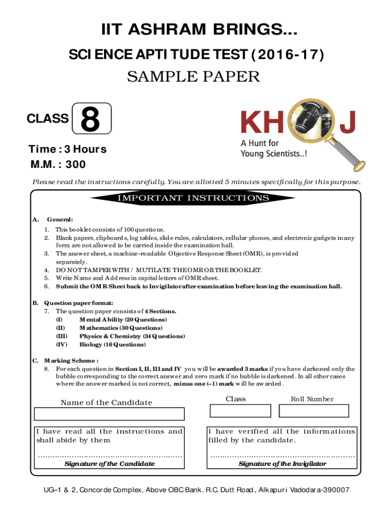 Fillable Online KHOJ Science Aptitude Test Class VIII Sample Questions ...