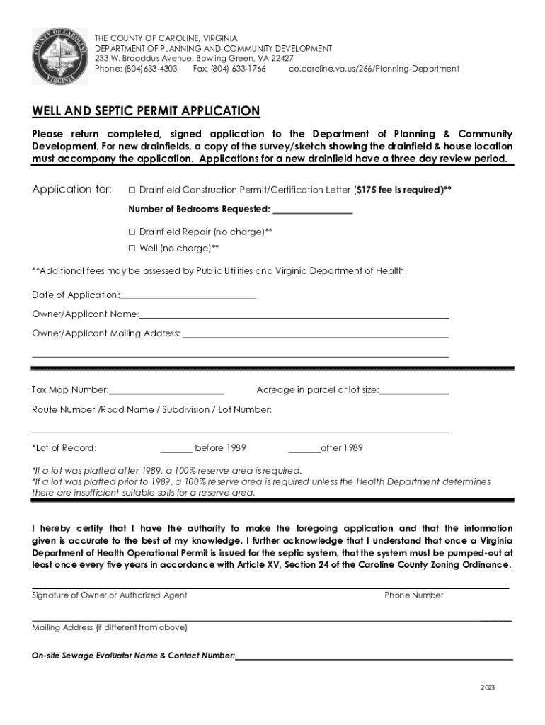 Fillable Online WELL AND SEPTIC PERMIT APPLICATION Fax Email Print ...