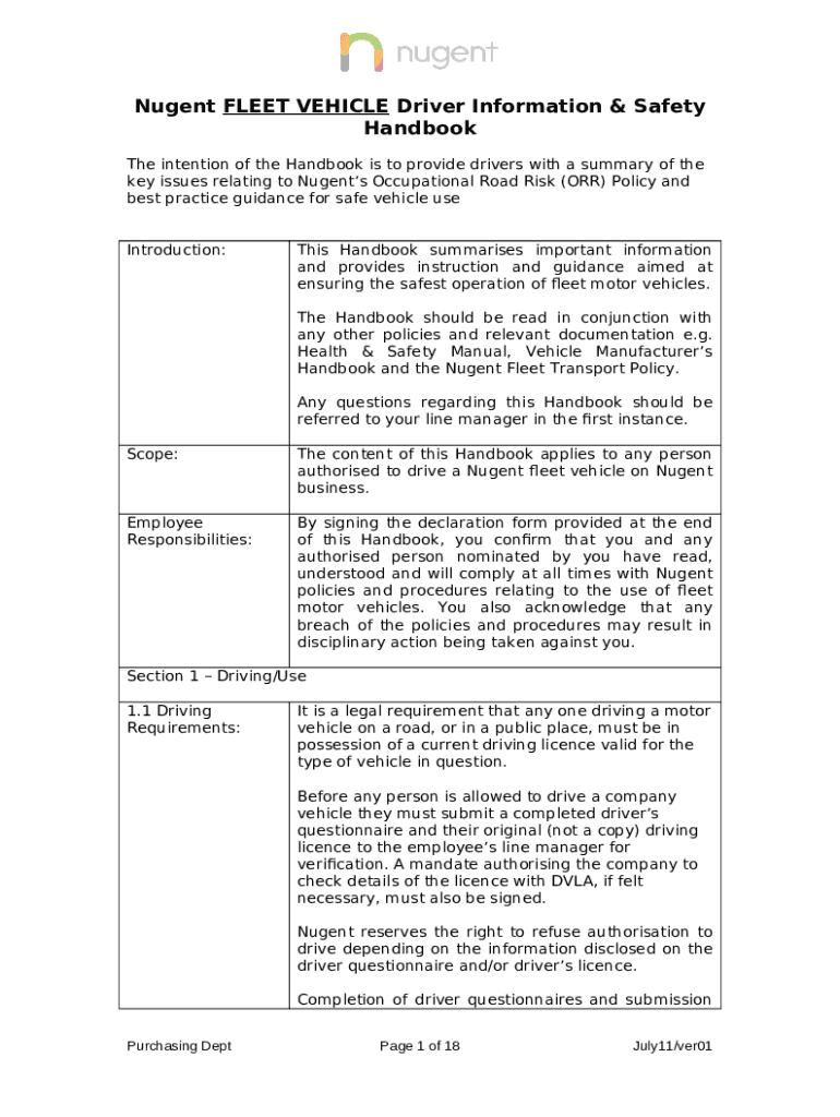 Nugent FLEET VEHICLE Driver Ination & Safety Handbook Doc Template ...