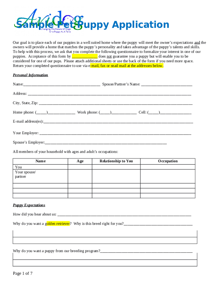 Puppy Application - Cedar Cove Standard Poodles Doc Template | pdfFiller