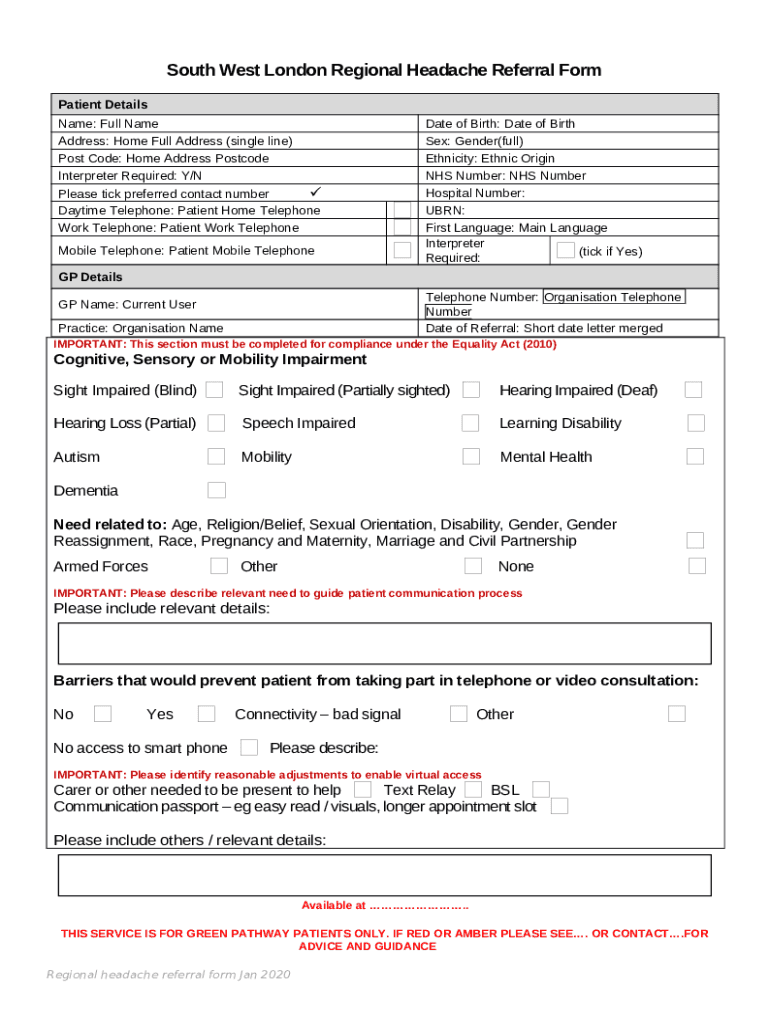 South West London Regional Headache Referral Doc Template | pdfFiller
