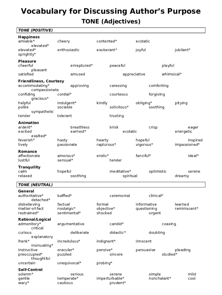 122 Tone Words to Set the Mood in Your Story Doc Template | pdfFiller