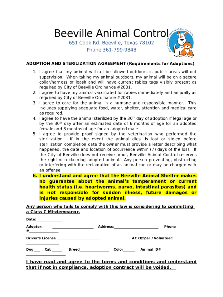 Adoption Agreement - City of Beeville Texas Doc Template | pdfFiller