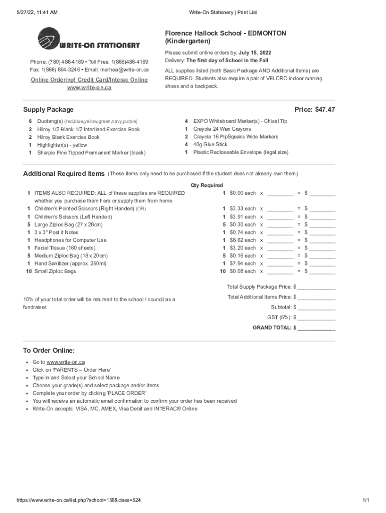 Fillable Online florencehallock epsb Print List - Write-On Stationery ...