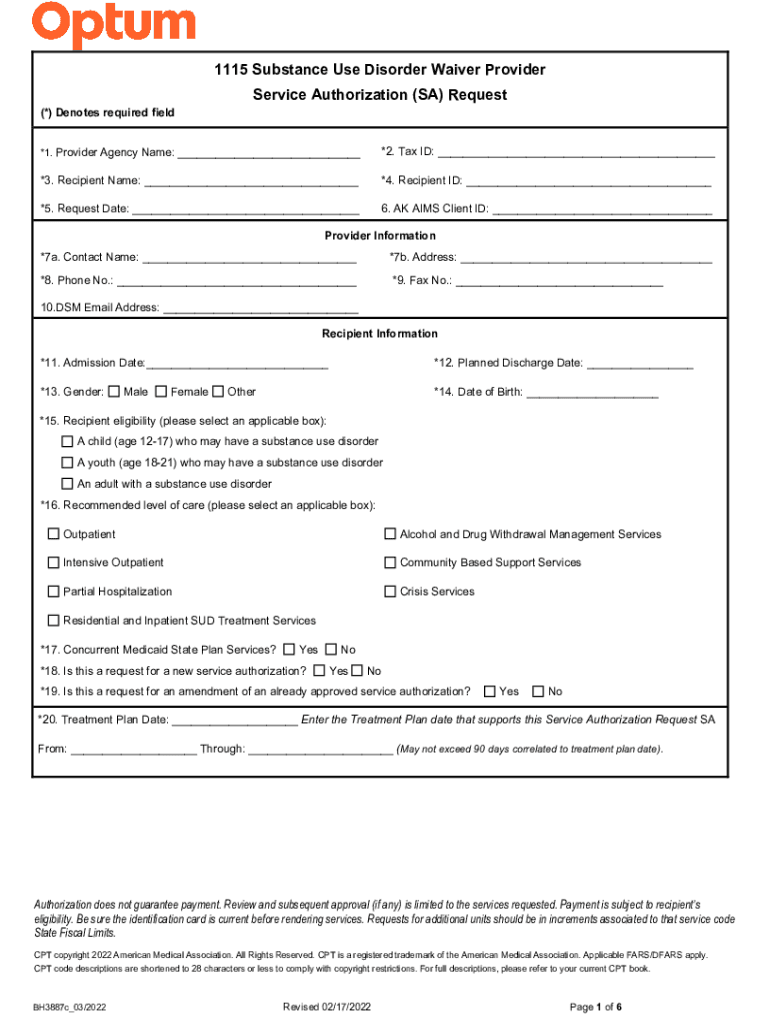 Fillable Online 1115 SUD Waiver Service Authorization. 1115 SUD Waiver Service Authorization Fax ...