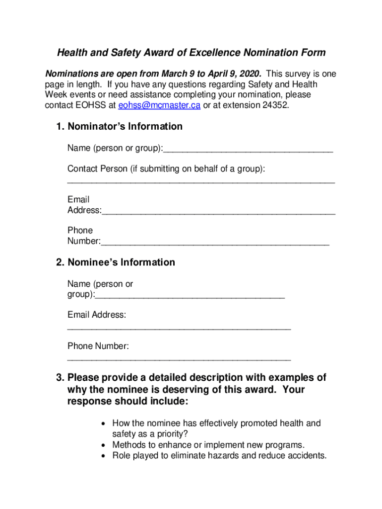 Fillable Online Health and Safety Award of Excellence Nomination Form Fax Email Print - pdfFiller