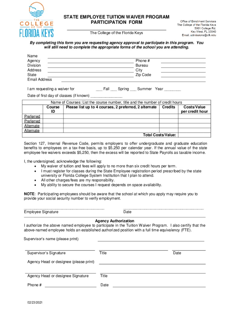 Fillable Online state employee tuition waiver program participation form Fax Email Print - pdfFiller