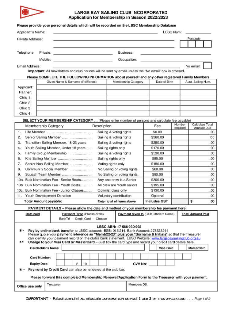 Fillable Online LARGS BAY SAILING CLUB INCORPORATED Application for ...