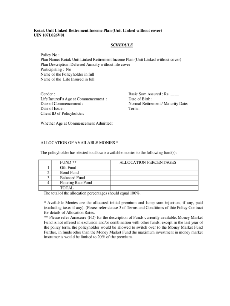 Fillable Online Kotak Retirement Income Plan - Unit Linked Single ...