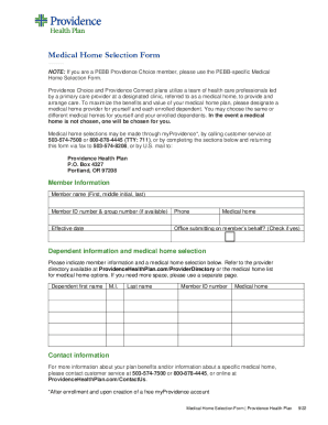 Fillable Online Medical Home Selection Form - Providence Health Plan Fax Email Print - pdfFiller