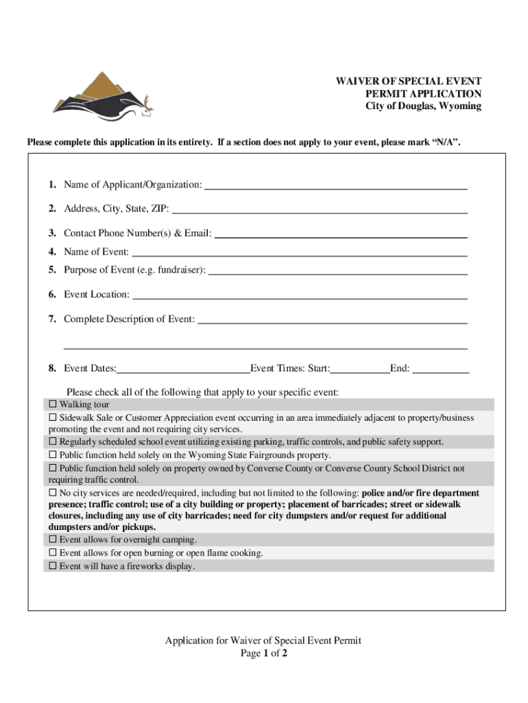 Fillable Online Application for Waiver of Special Event Permit Page 1 ...