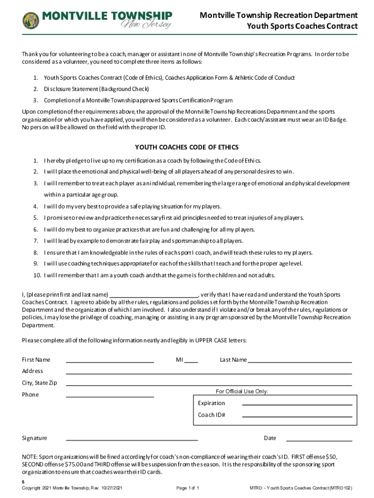 Fillable Online montville township recreation - coaches application form Fax Email Print - pdfFiller