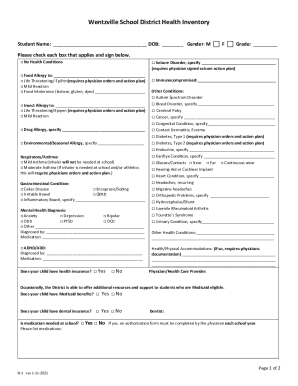 Fillable Online Student Health Inventory Form - Wentzville School ...