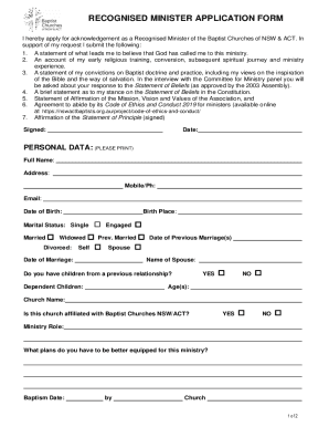 Fillable Online APPLICATION FORM FOR ACKNOWLEDGEMENT AS A RECOGNISED MINISTER Fax Email Print ...