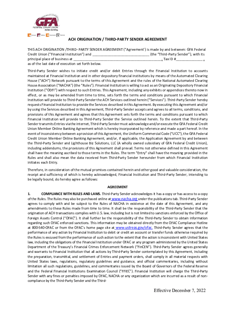 Fillable Online Third-Party Sender / Originator Sample ACH Agreement ...