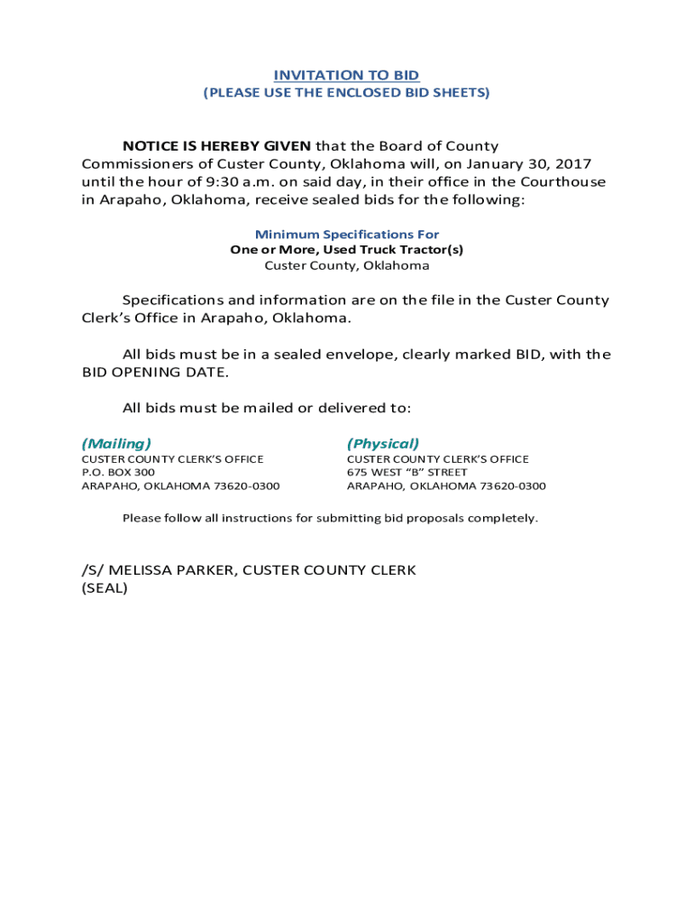 Fillable Online custer okcounties invitation to bid (please use the enclosed bid sheets) Fax ...