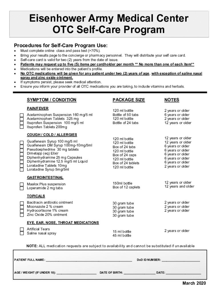 Fillable Online Fillable Online ddeamc amedd army Over-The-Counter Self ...