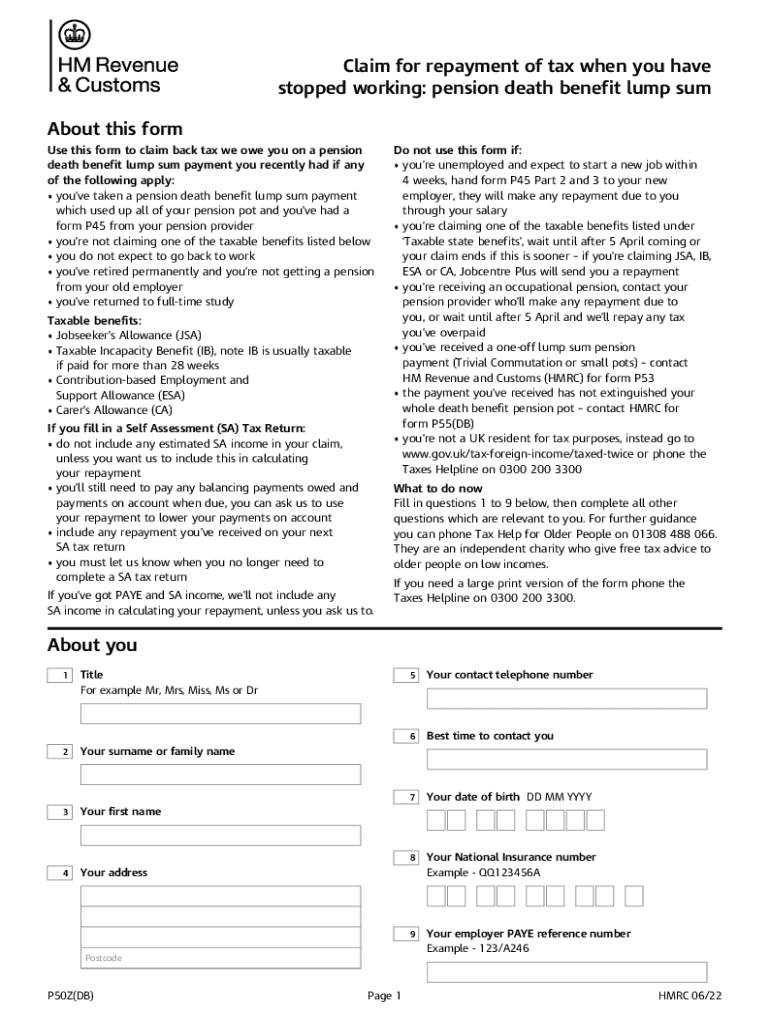 Fillable Online Claim a pension death benefit lump sum Income Tax ...