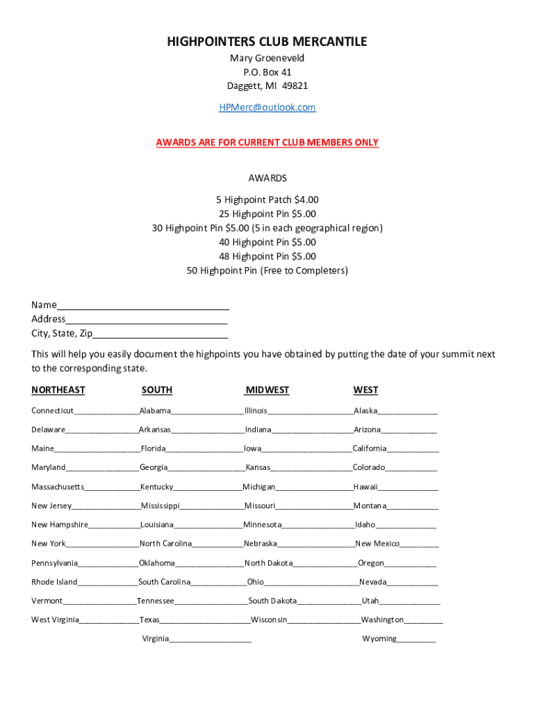 Fillable Online HIGHPOINTERS CLUB MERCANTILE Fax Email Print - pdfFiller