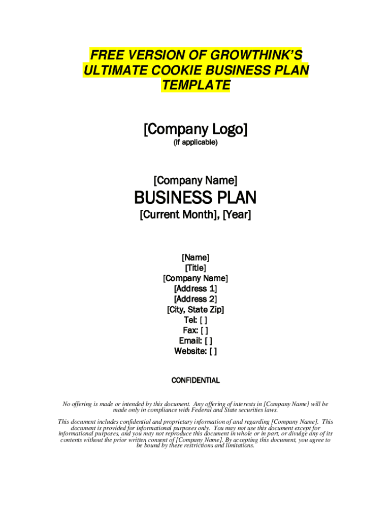 Fillable Online Free Version of Growthinks Cookie Business Plan ...