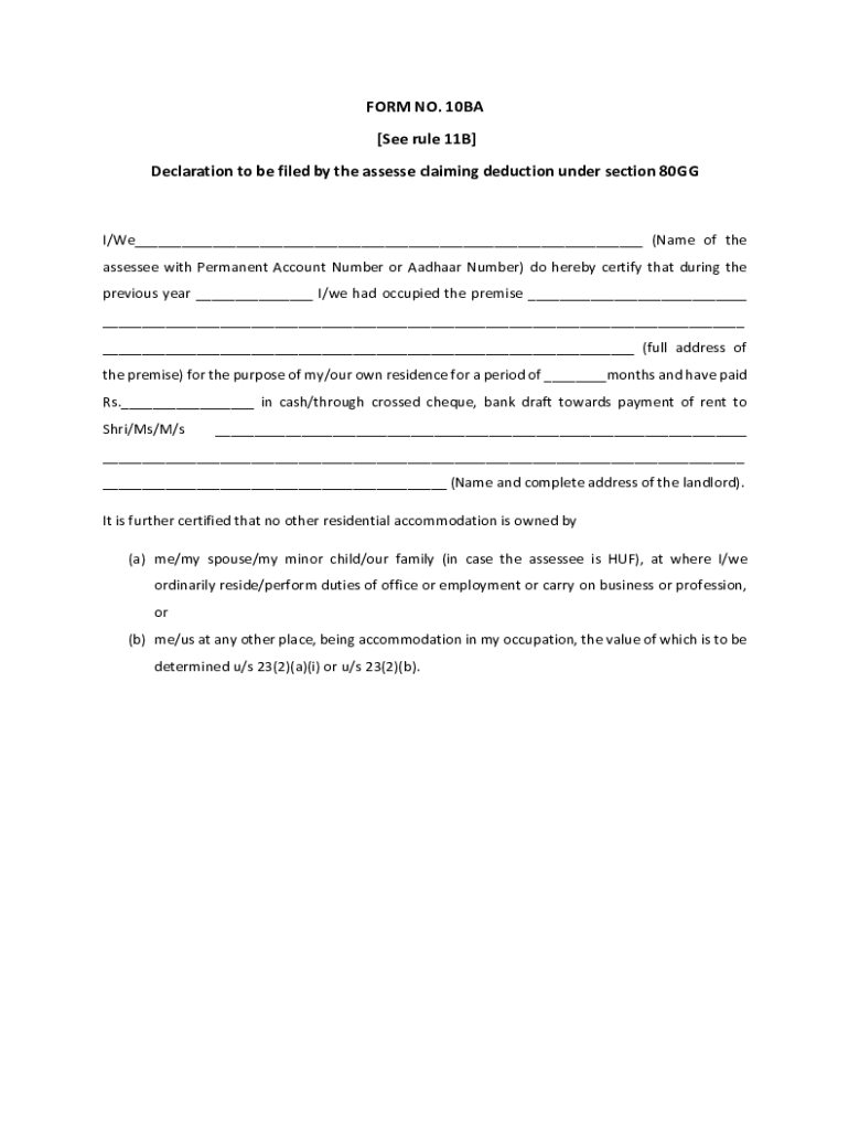 Fillable Online Form 10BA : Claim Deduction under section 80GG Fax ...