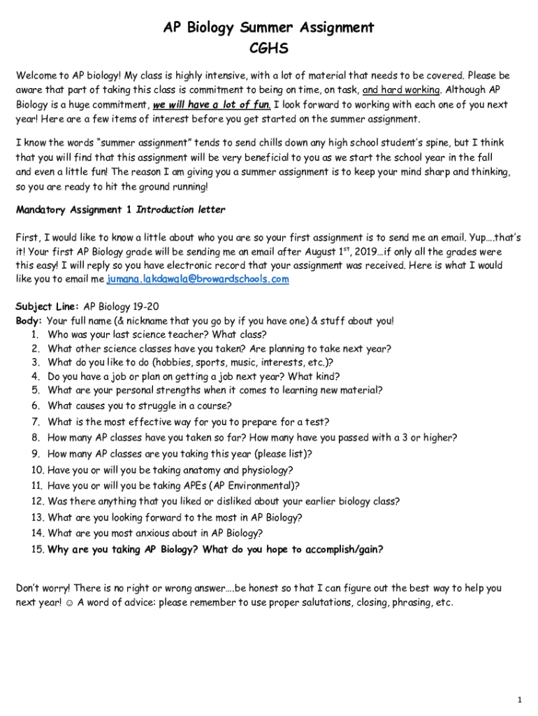 Fillable Online Pre-AP Biology Summer Assignment Frank Black ...