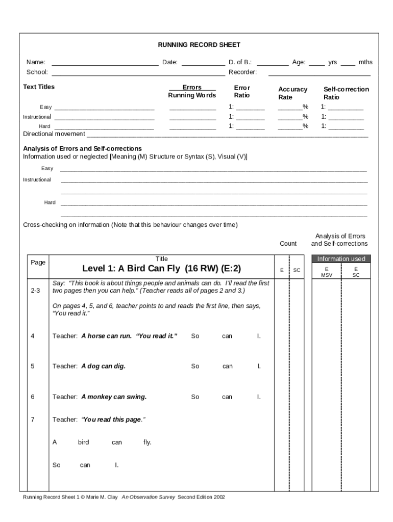RUNNING RECORD SHEET Name: Date: D. of B.: Age Doc Template | pdfFiller