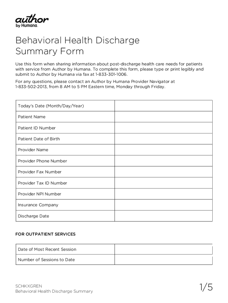 Fillable Online Behavioral Health Discharge Summary Form Fax Email ...