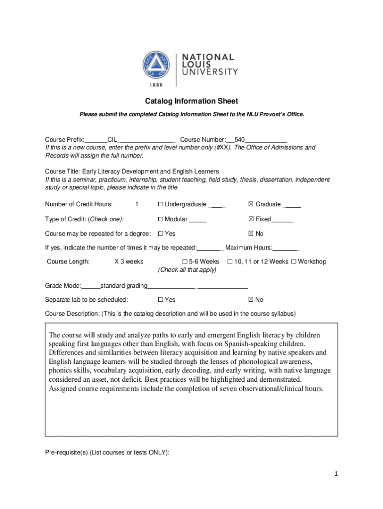 Fillable Online Undergraduate College Catalogue Information Sheet ...
