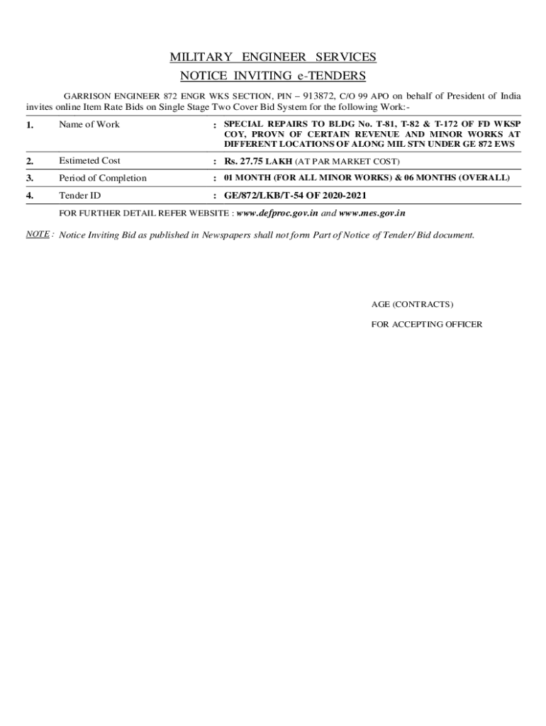 Fillable Online Provn of Certain Revenue and Minor Works at Kalimp ...