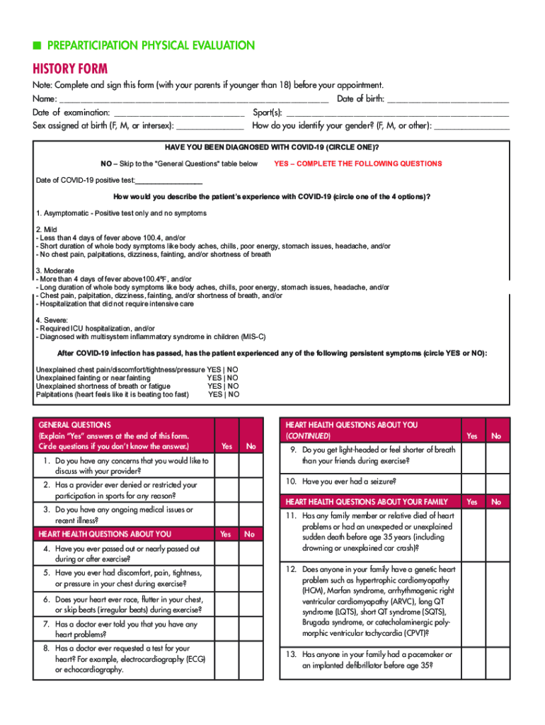 Fillable Online preparticipation physical evaluation - history form Fax ...