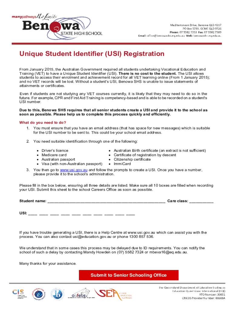 Fillable Online benowashs eq edu Unique Student Identifier (USI ...