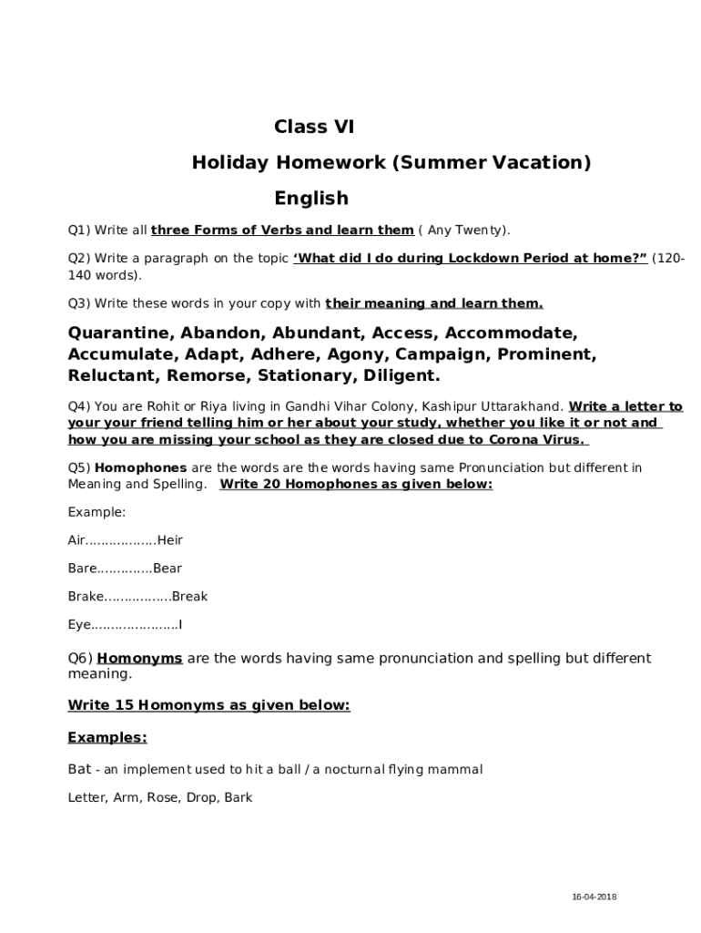 ENGLISH HOLIDAY HOMEWORK CLASS VI Q1. Make a ... Doc Template | pdfFiller