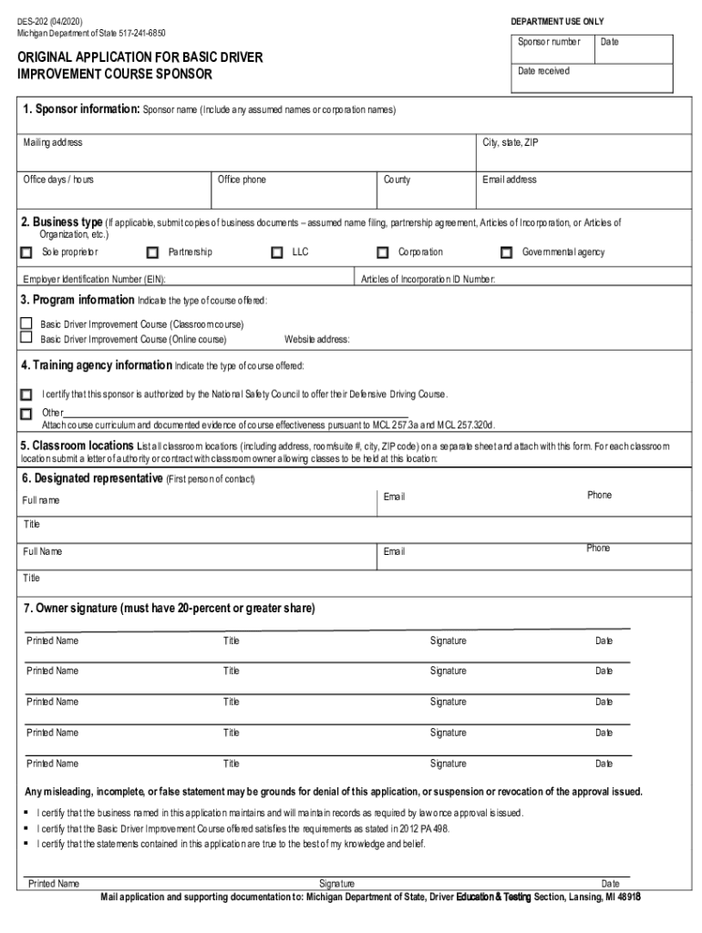 Fillable Online Original Application for Basic Driver Improvement Course Sponsor. Driver ...