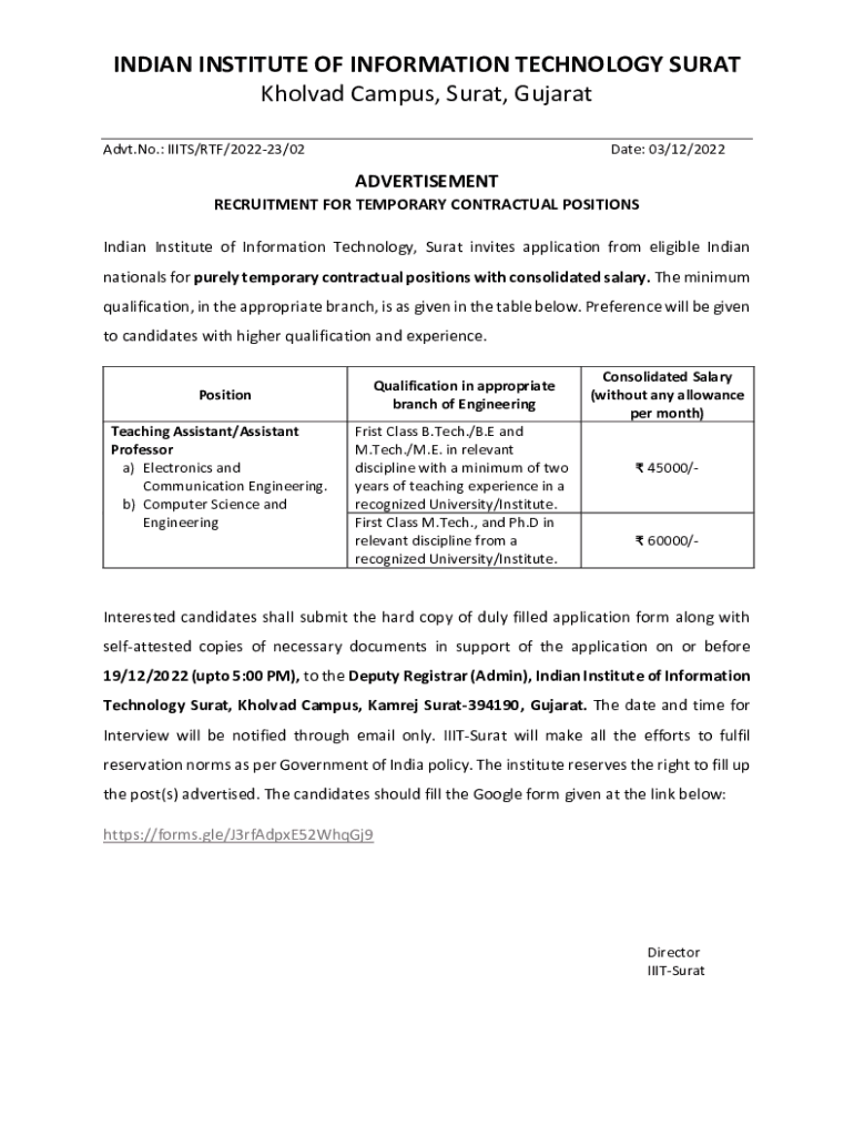 Fillable Online INDIAN INSTITUTE OF INFORMATION TECHNOLOGY SURAT Fax ...