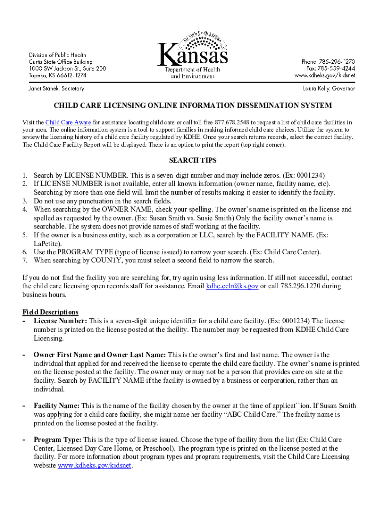 Fillable Online khap2 kdhe state ks Licensed child care facilities in ...