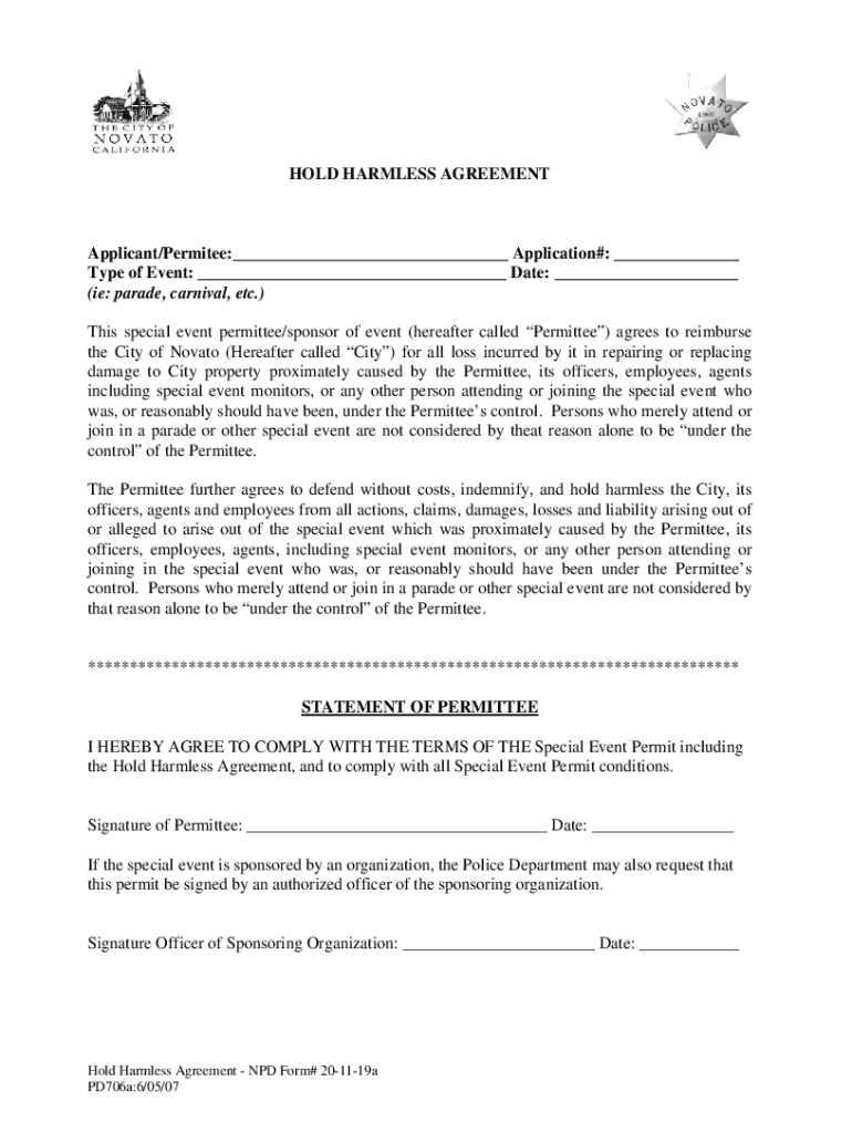 Fillable Online HOLD HARMLESS AGREEMENT Applicant/Permitee: Application ...