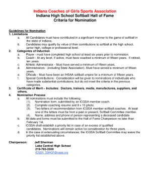 Fillable Online Indiana High School Softball Hall of Fame Criteria for ...