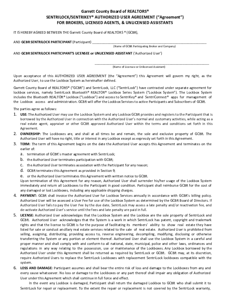 Fillable Online sentrilock sentricard authorized user agreement Fax ...