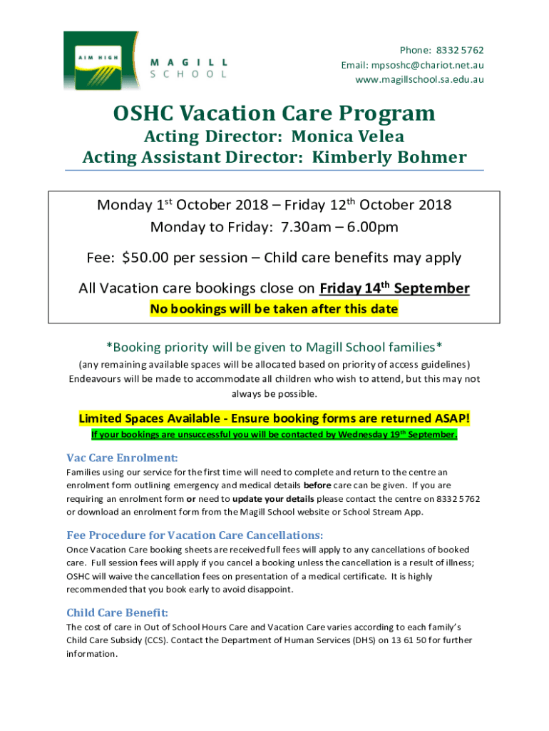 Fillable Online Out of School Hours Care (OSHC) - Magill Primary School ...
