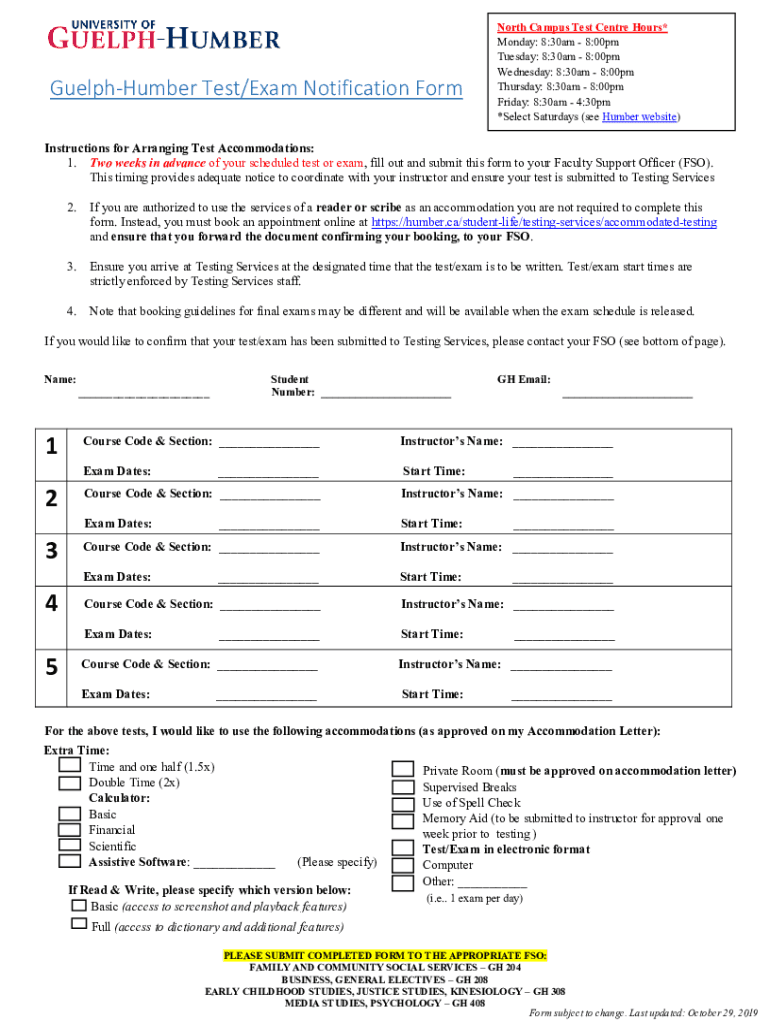 Fillable Online Test Exam Notification Form FILLABLE - University of ...