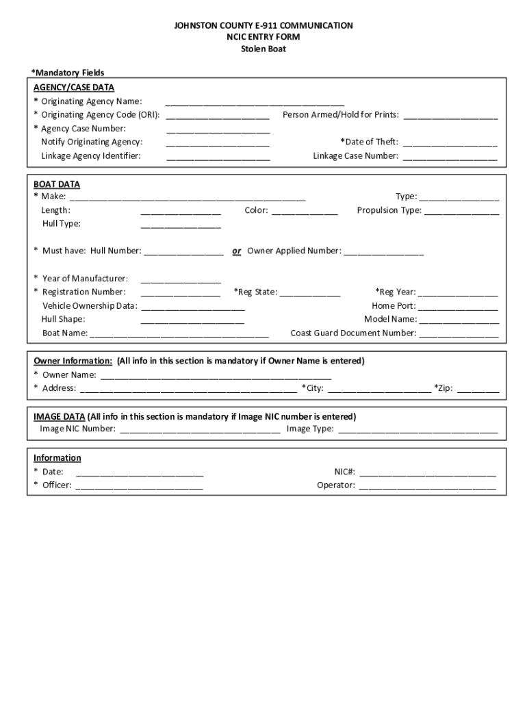 Fillable Online NCIC Entry/Clearance Form - Vehicle/Boat - Weber 911 ...