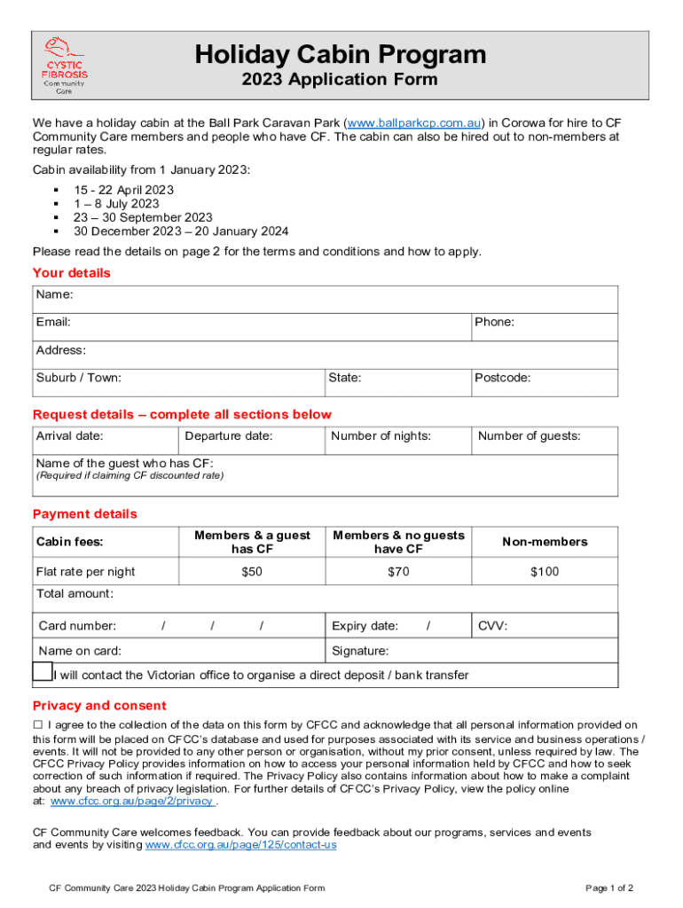 Fillable Online Holiday Cabin Program - 2023 Application Form Fax Email ...