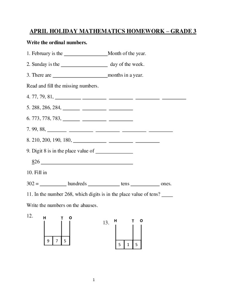 Fillable Online Grade 3 Calander Worksheet - months as ordinal numbers ...