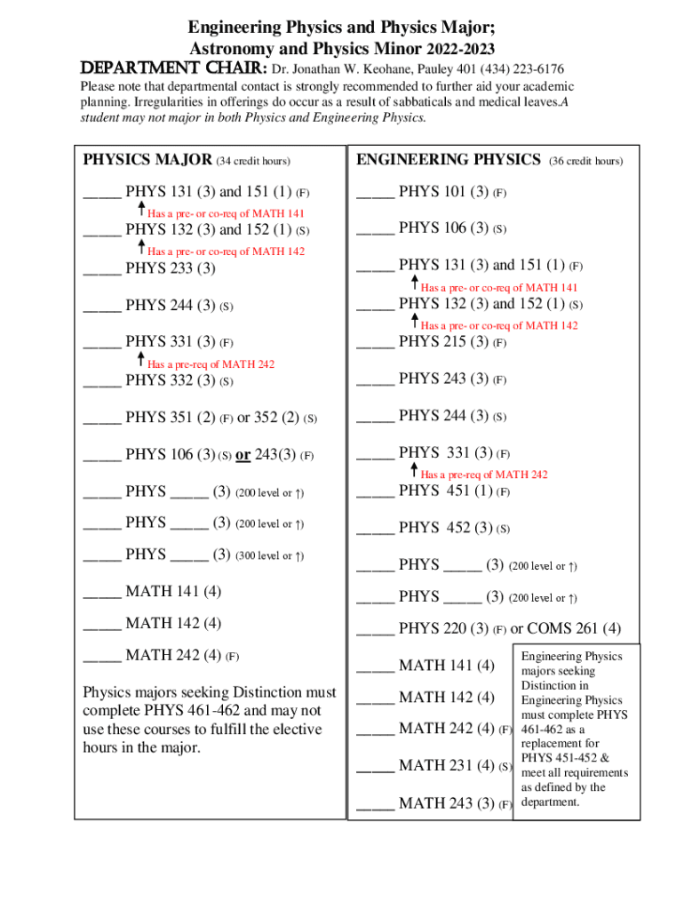 Fillable Online Engineering Physics and Physics Major and Astronomy ...