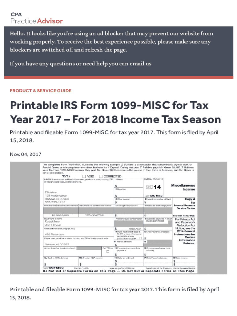 Fillable Online Printable IRS Form 1099-MISC for Tax Year 2017 For 2018 ...