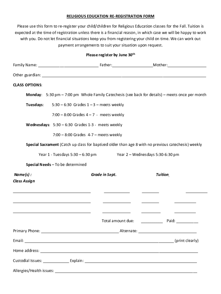 Fillable Online religious education re-registration form - Church of St ...